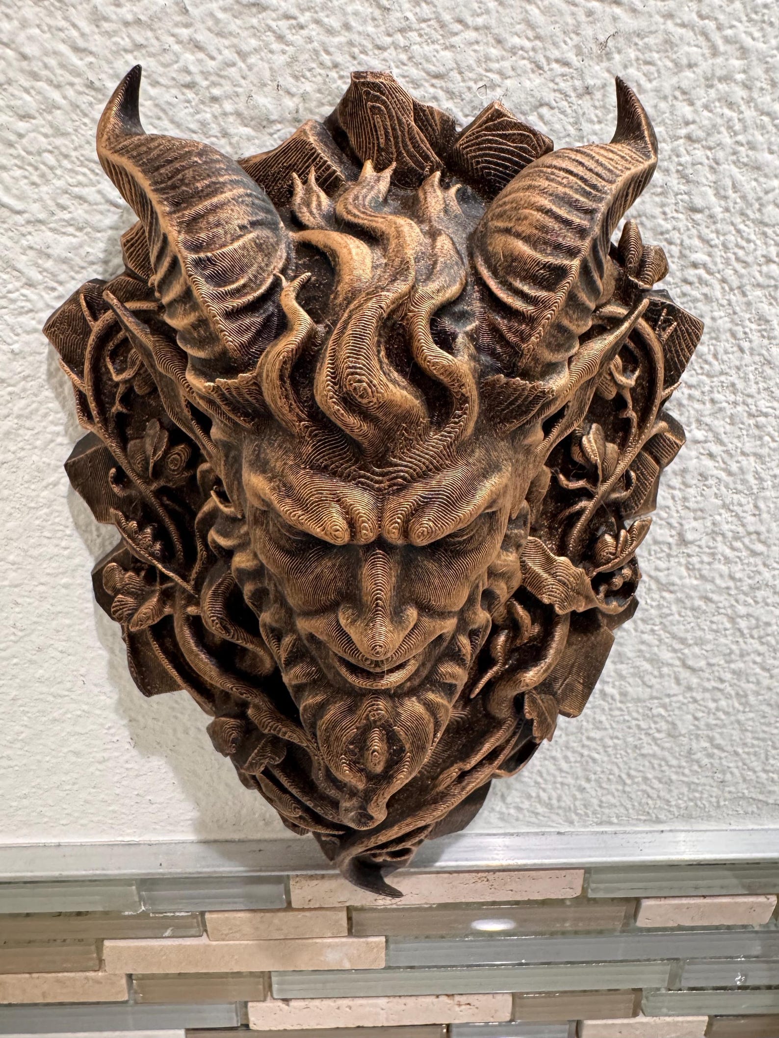 Gothic Horned Demon Wall Sculpture - Hand Painted Bronze Dark Fantasy ...