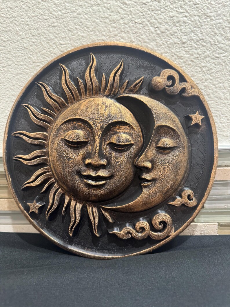 Sun and Moon Wall Art | 3D Relief Sculpture | Celestial Decor | 8” Gold ...