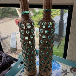 Wicker Wrapped Vintage Green Art Glass Bottles Pair - Etsy