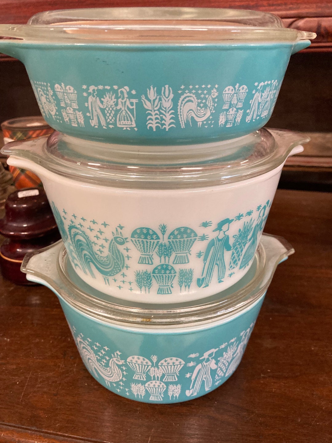 Pyrex 471, 472, 473 Amish Butterprint Bowls Turquoise Flawless ! 6 Pcs ...