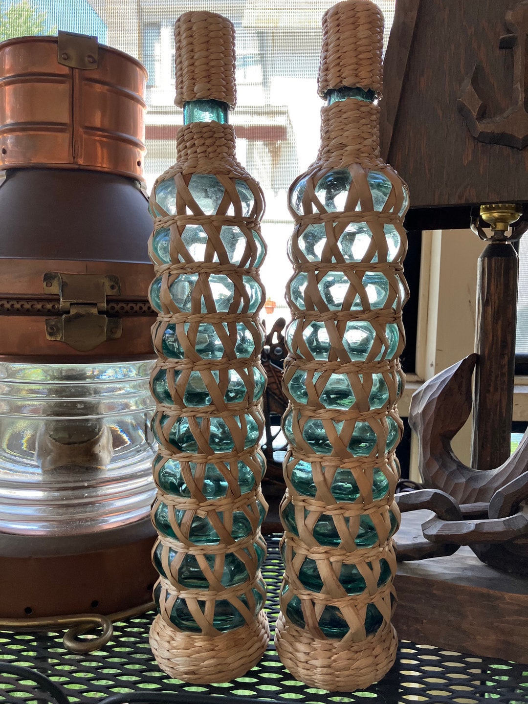 Wicker Wrapped Vintage Green Art Glass Bottles Pair - Etsy