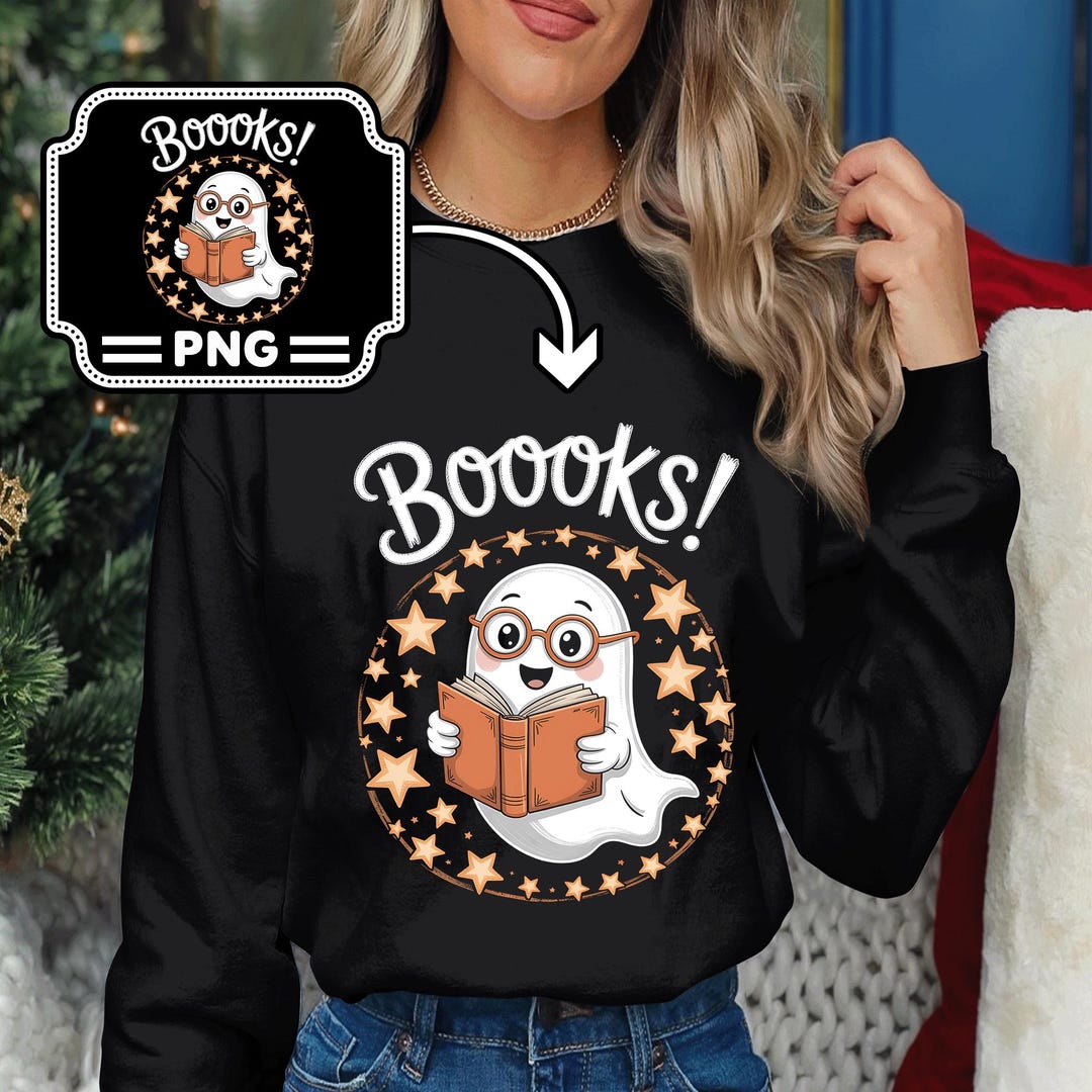 Booooks Ghost Reading Books Halloween PNG, Cute Halloween PNG ...