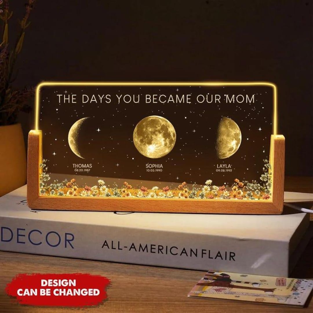 Custom Birth Moon Phase Art, Personalized Acrylic Plaque LED Frame With ...