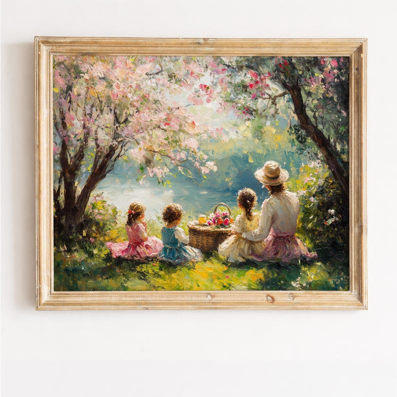 Spring Picnic Art Print, Mother and Children Painting, Blossom Garden ...