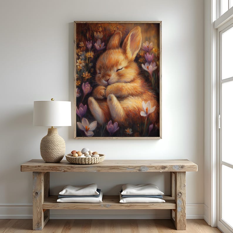 Vintage Cottagecore Rabbit in Floral Meadow - Cozy Nursery Wall Art ...