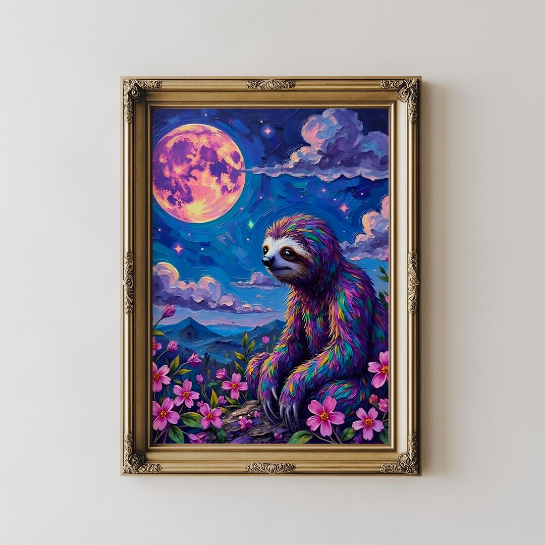 Psychedelic Sloth Under Moonlit Sky - Vibrant Night Scene, Moody Boho ...