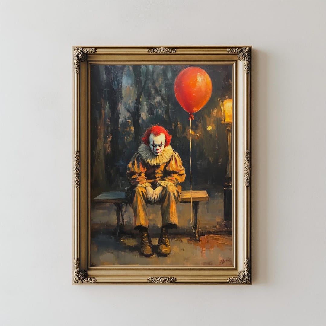 Moody Vintage Clown Painting With Red Balloon - Melancholic, Expressive ...