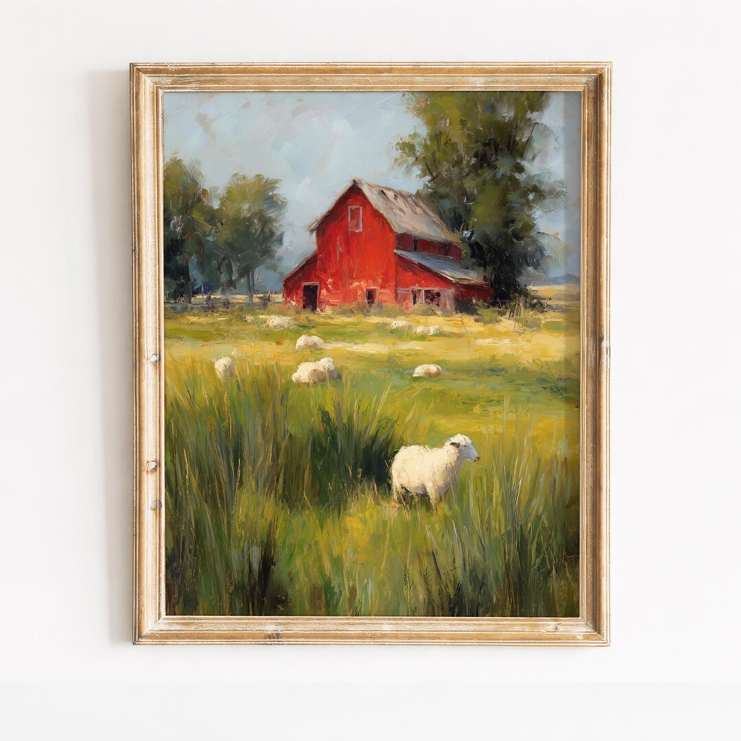 Red Barn Sheep Painting Print, Rustic Farmhouse Wall Art, Country ...