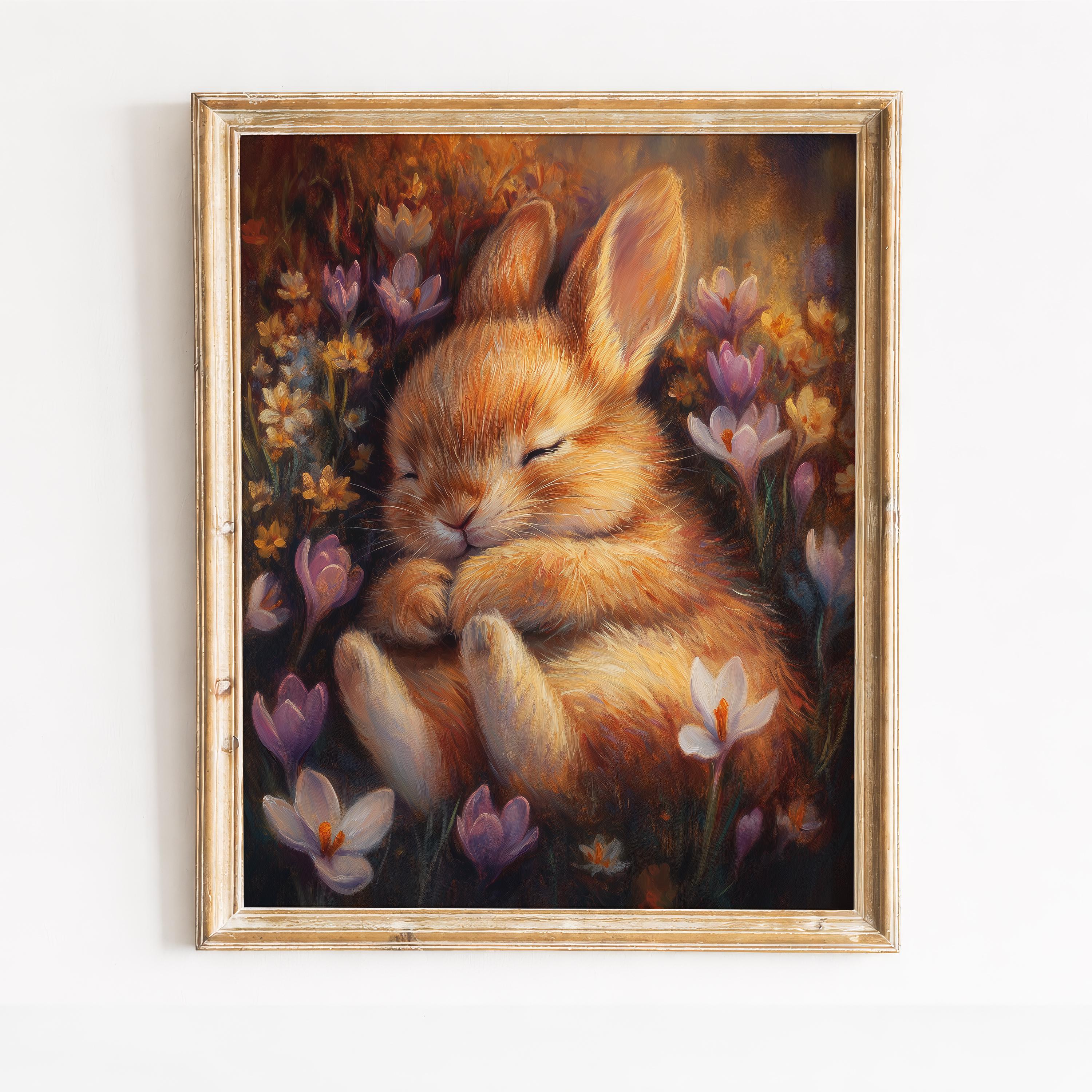 Vintage Cottagecore Rabbit in Floral Meadow - Cozy Nursery Wall Art ...
