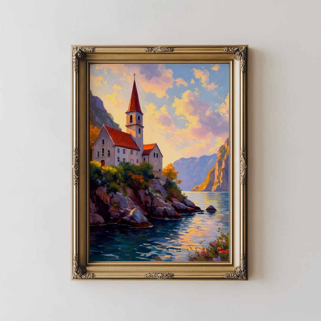 Vintage Seaside Church Scene- Tranquil Coastal Village Painting, Sunset ...