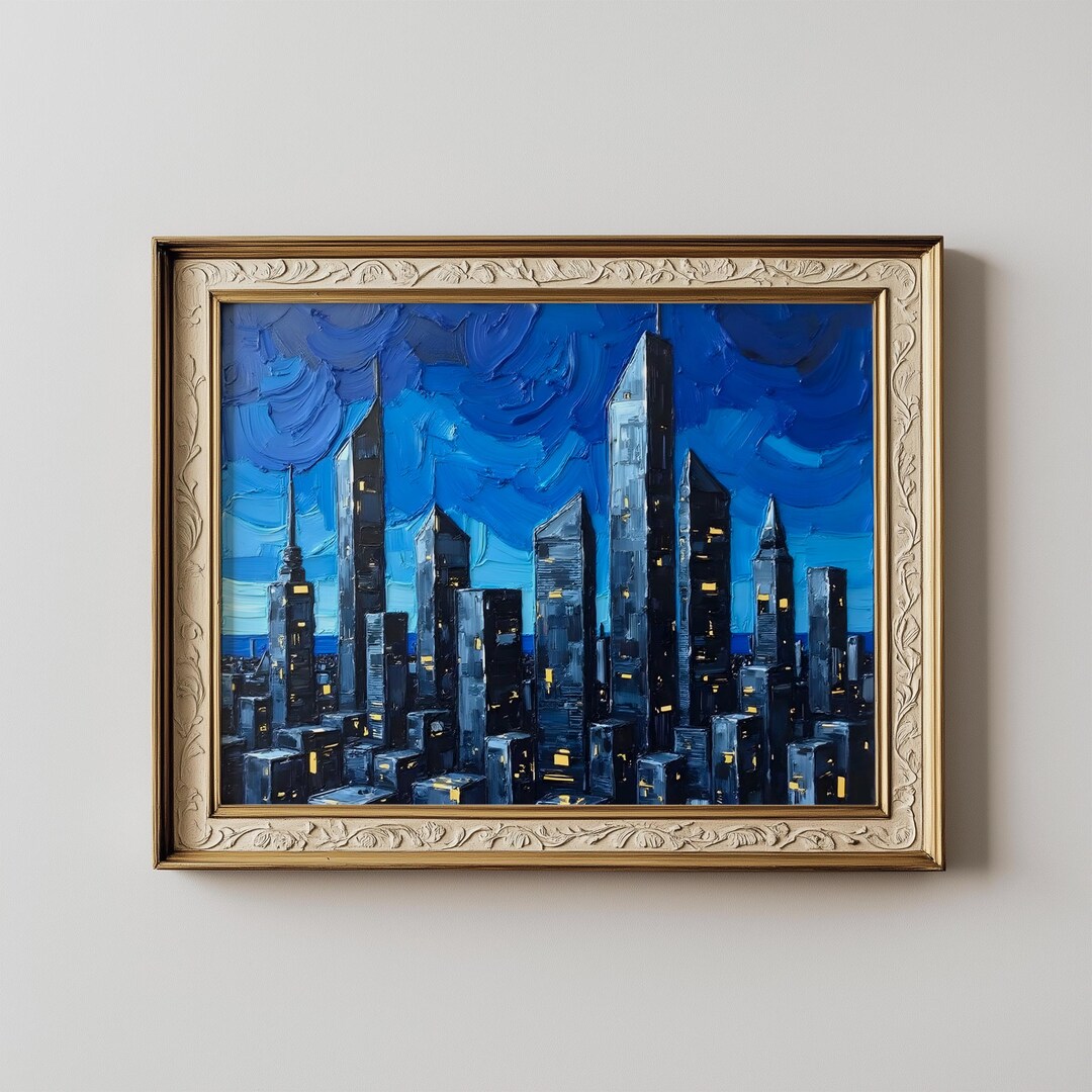 Printable Night Cityscape - Starry Skyline Art, Urban Skyline Painting ...