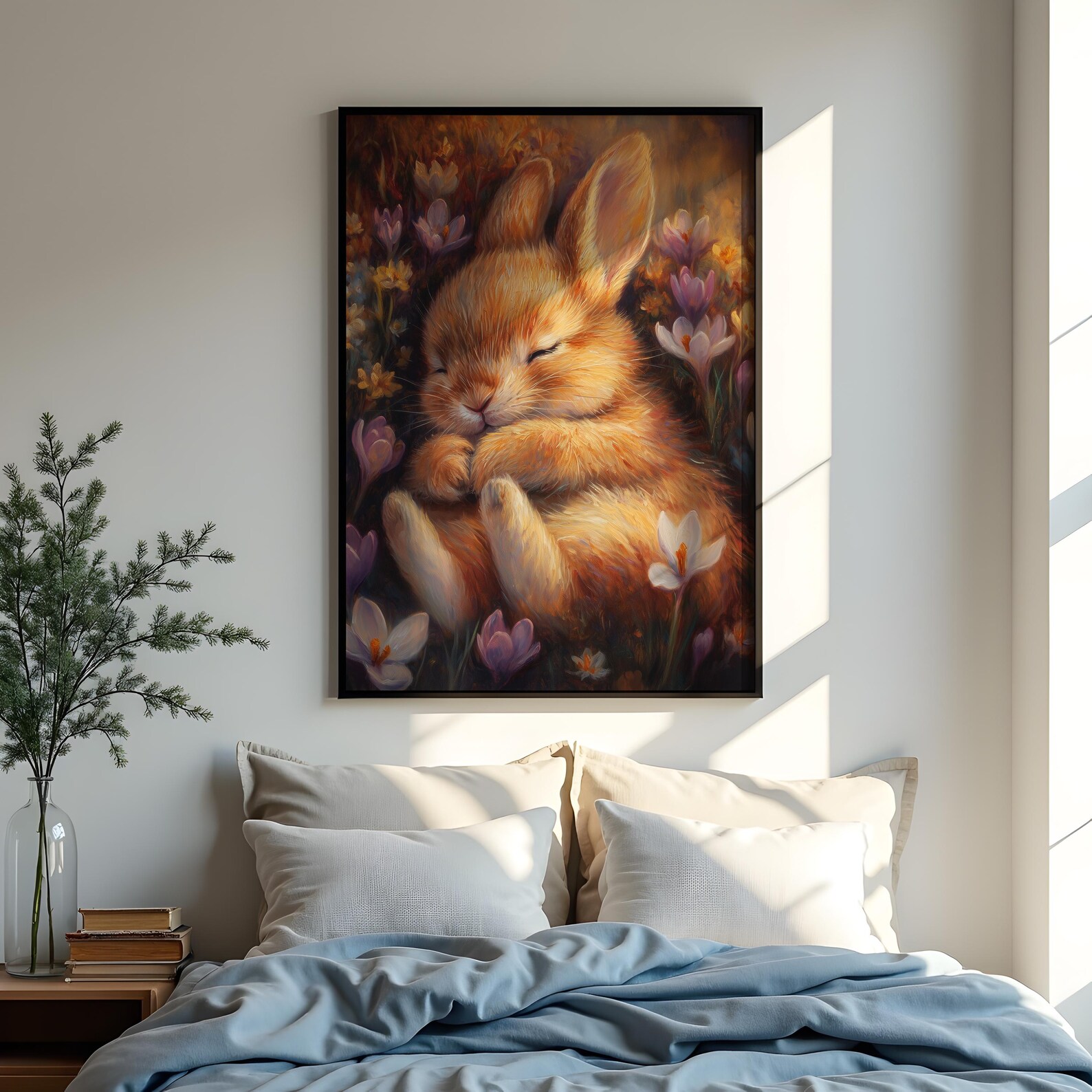 Vintage Cottagecore Rabbit in Floral Meadow - Cozy Nursery Wall Art ...