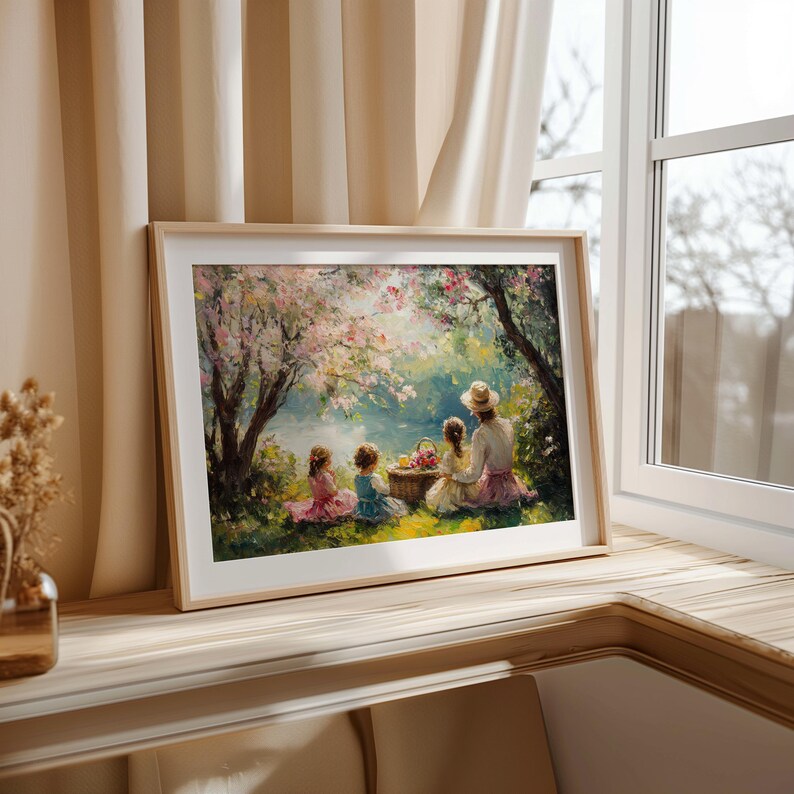 Spring Picnic Art Print, Mother and Children Painting, Blossom Garden ...