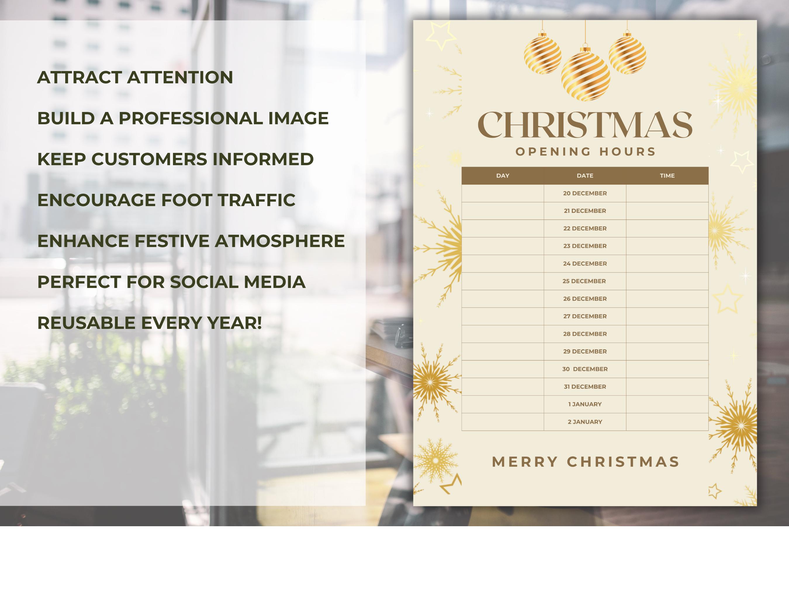 Christmas Opening Hours Template: Elegant Holiday Shop Sign (digital ...