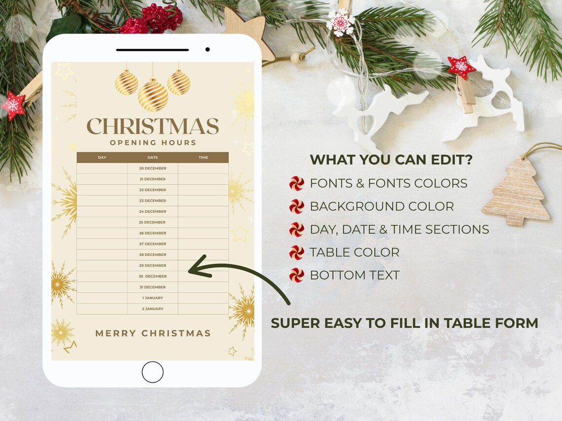 Christmas Opening Hours Template: Elegant Holiday Shop Sign (digital ...