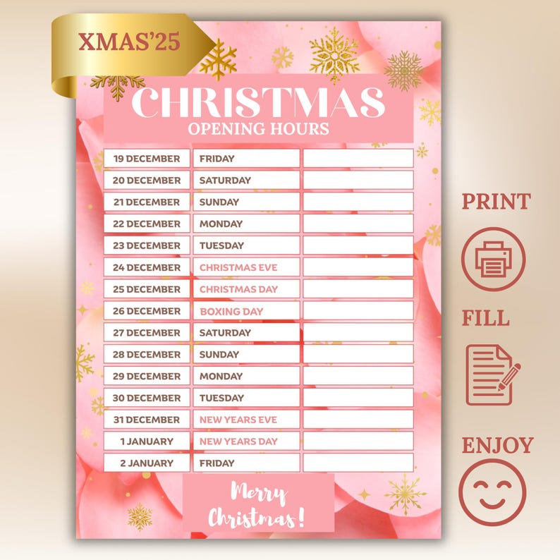 Christmas Salon Opening Hours Printable Template (A4 PDF) - Etsy