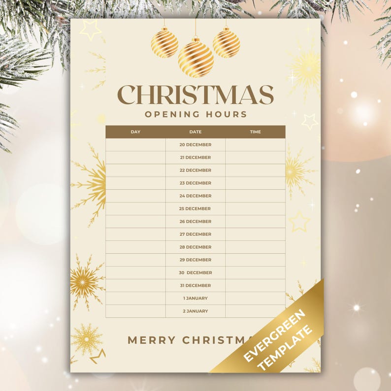 Christmas Opening Hours Template: Elegant Holiday Shop Sign (digital ...