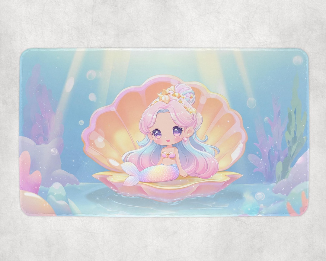 Kawaii Mermaid MTG Playmat | Chibi Mermaid Sitting on Seashell in ...