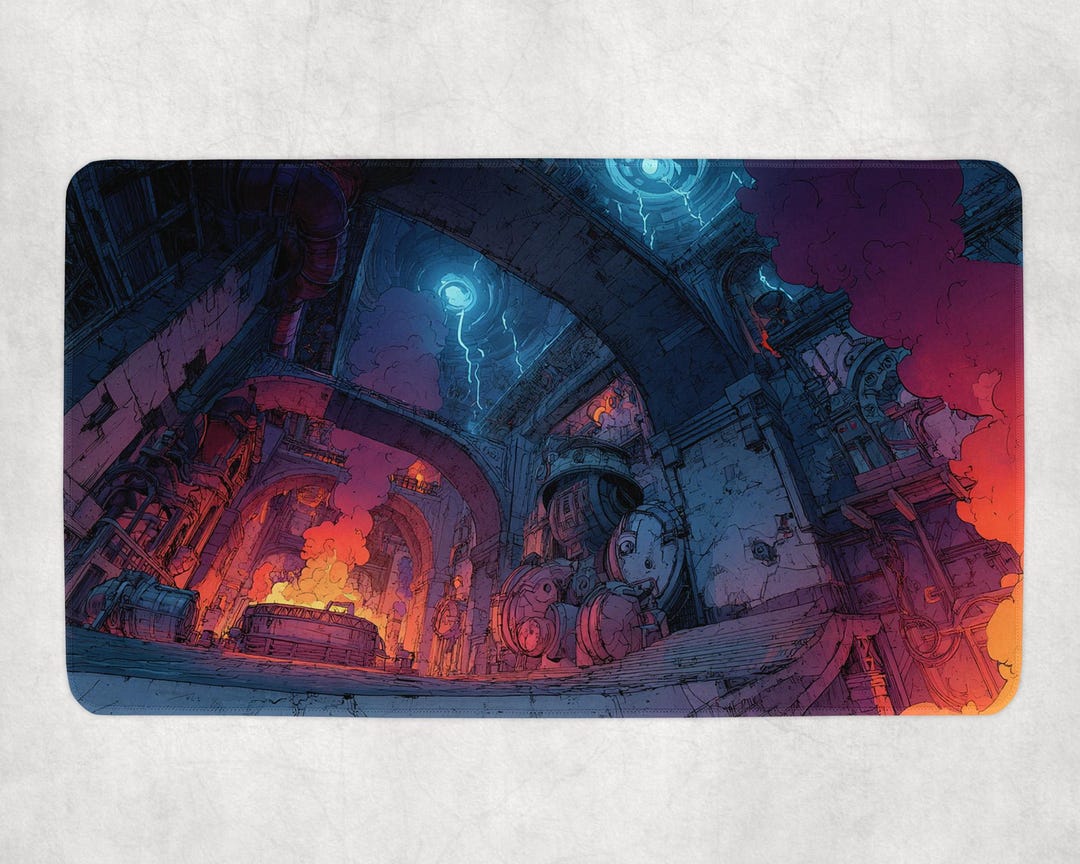 Arcane Workshop MTG Playmat | Fiery Forge and Gears in Comic Ink Style ...