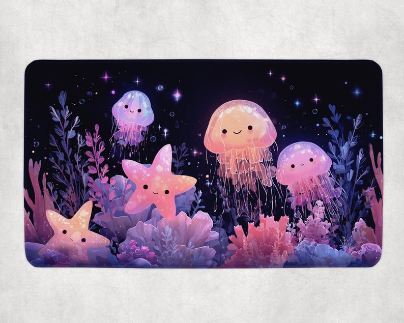 Kawaii Coral Reef Playmat | Glowing Jellyfish Starfish Pastel Ocean ...