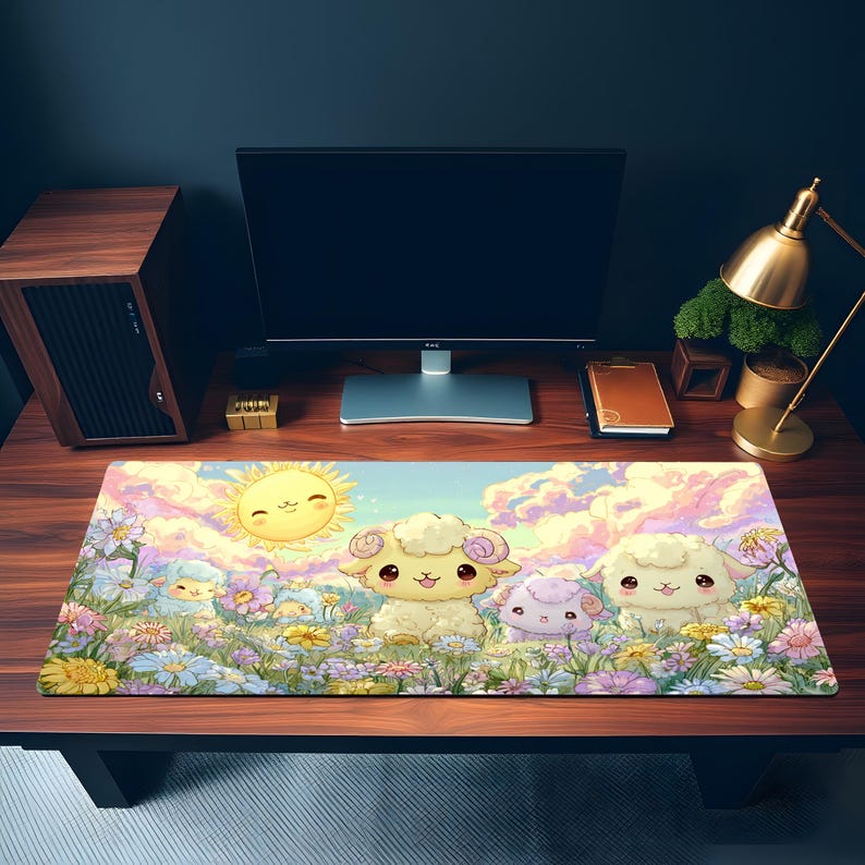 Kawaii Pastel Sheep Meadow Playmat | Cute Smiling Lambs & Flowers Under ...