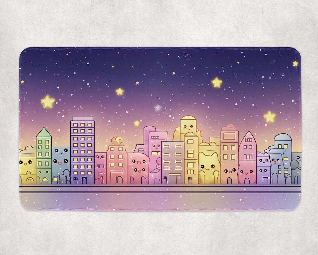Kawaii Pastel City Skyline Night Playmat | Smiling Colorful Buildings ...