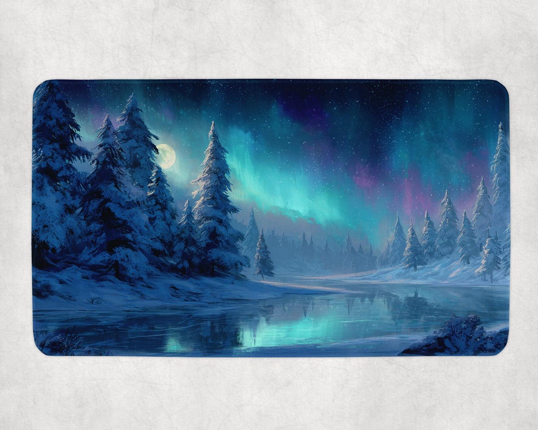 Aurora Borealis Winter Mat | Snowy Forest & Frozen River MTG Mat ...