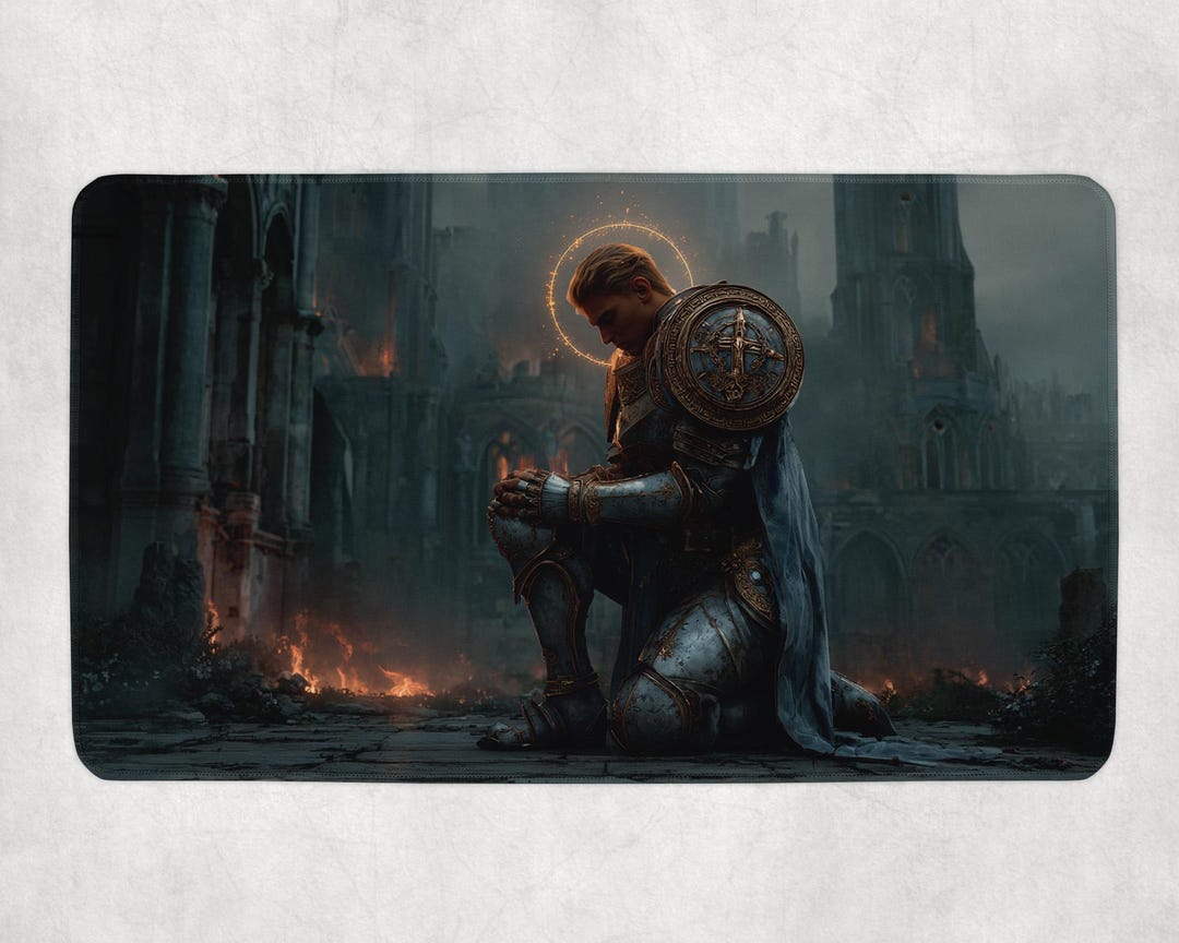 Holy Paladin MTG Playmat | Knight Kneeling in Ruins With Glowing Halo ...