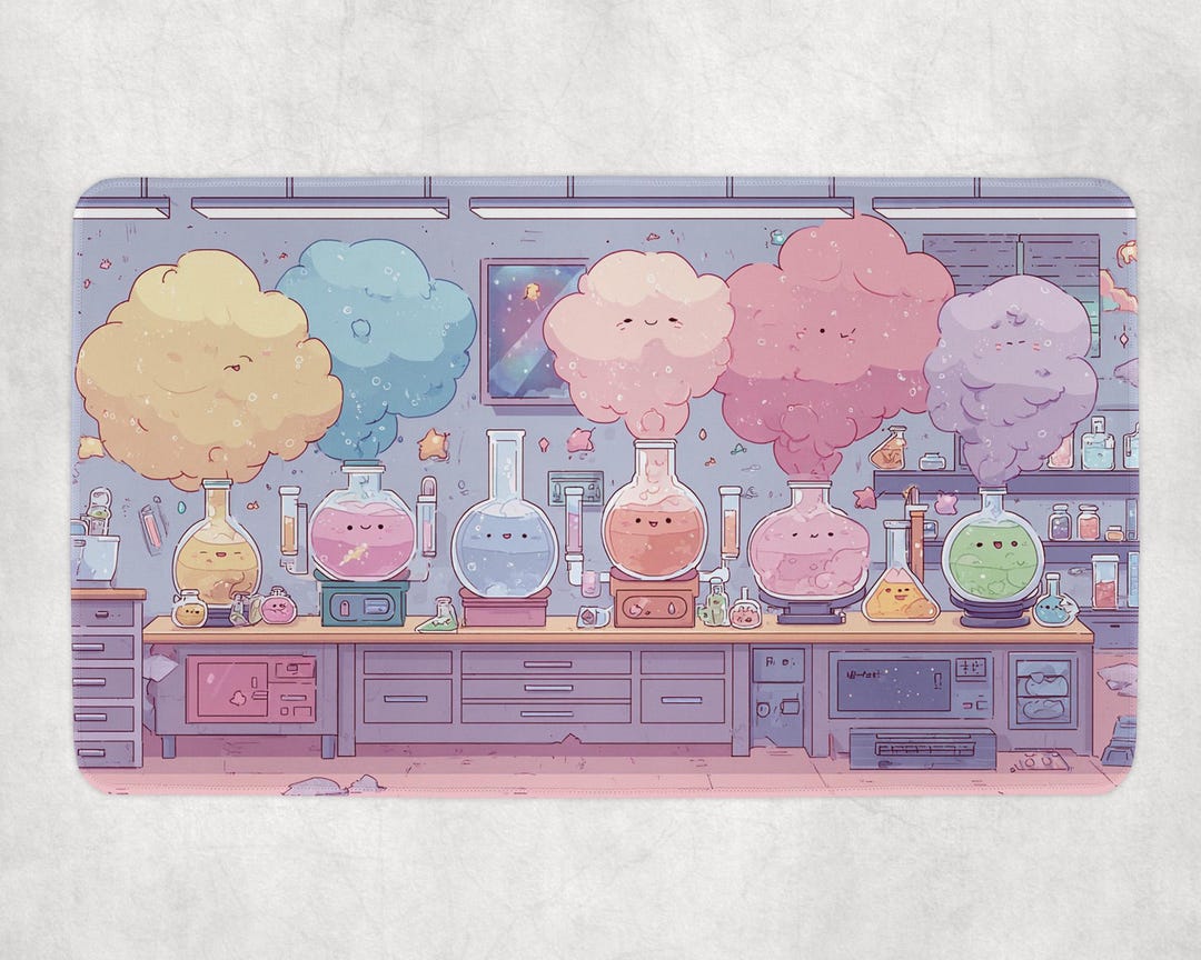 Kawaii Pastel Lab Mat | Cute Smiling Potions and Clouds in Alchemy Room ...