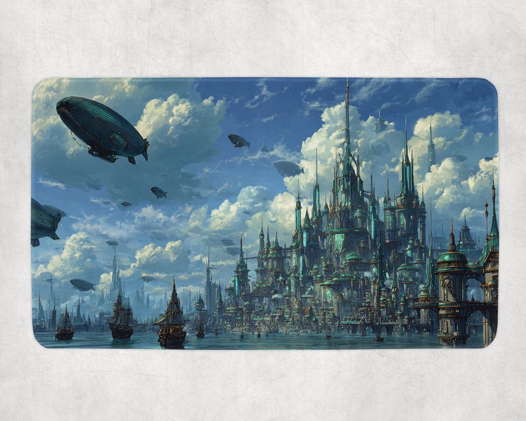 Steampunk Sky City MTG Mat | Floating Fortress With Airships | Magic ...
