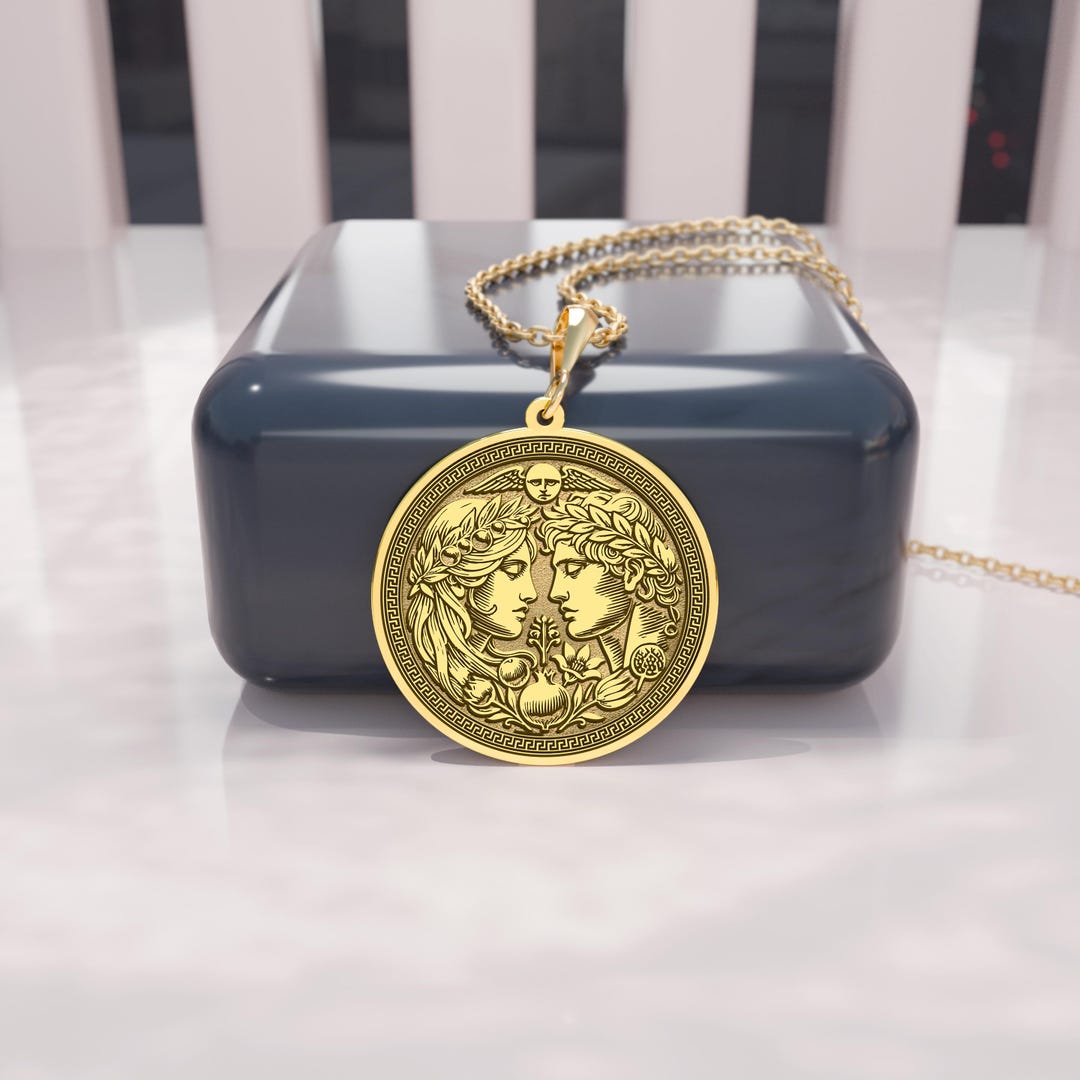 14K Gold Hades and Persephone Coin Necklace - Greek Mythology Pendant ...