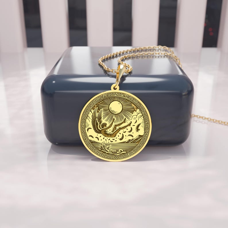 14K Gold Icarus Pendant Necklace: Greek Mythology Sun & Wings - Etsy UK