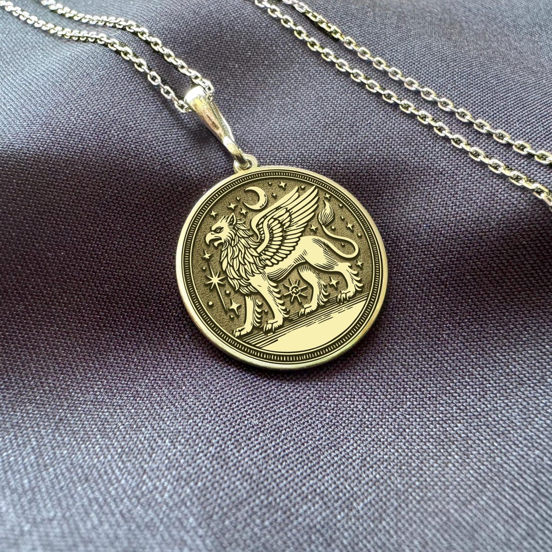 14K Gold Griffin Medallion Necklace: Mythical Guardian Pendant - Etsy