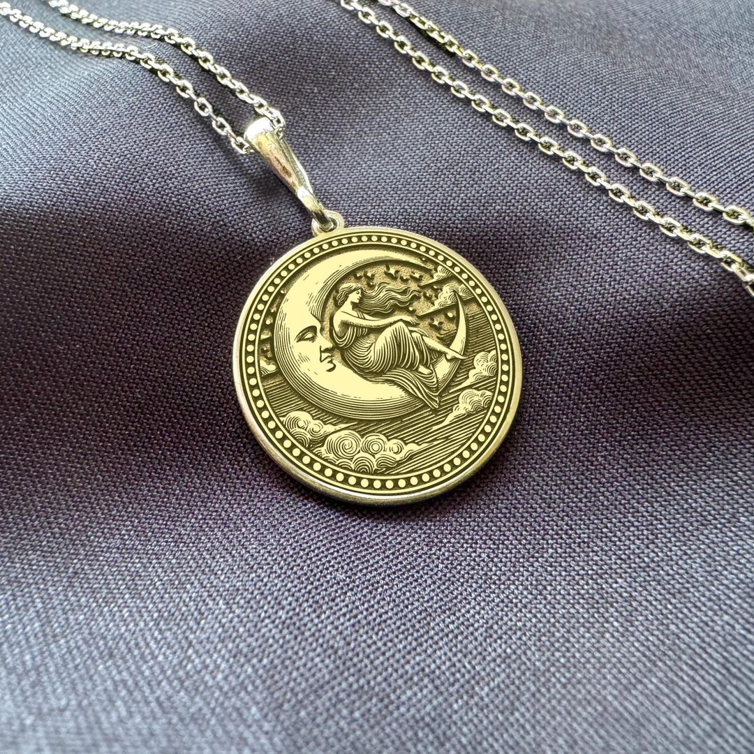 14K Gold Moon Lady Medallion Necklace: Divine Feminine Pendant - Etsy