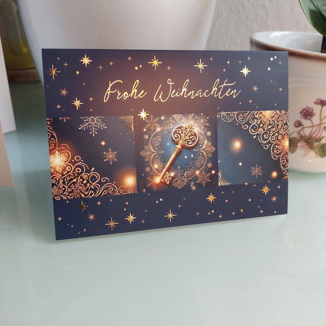 Gold Key Christmas Card: Elegant Blue Holiday Greeting - Etsy