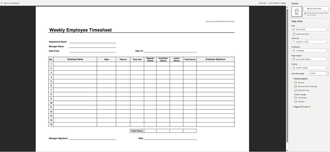 Employee Timesheet Template: Excel & Google Sheets (A4 Digital Download ...