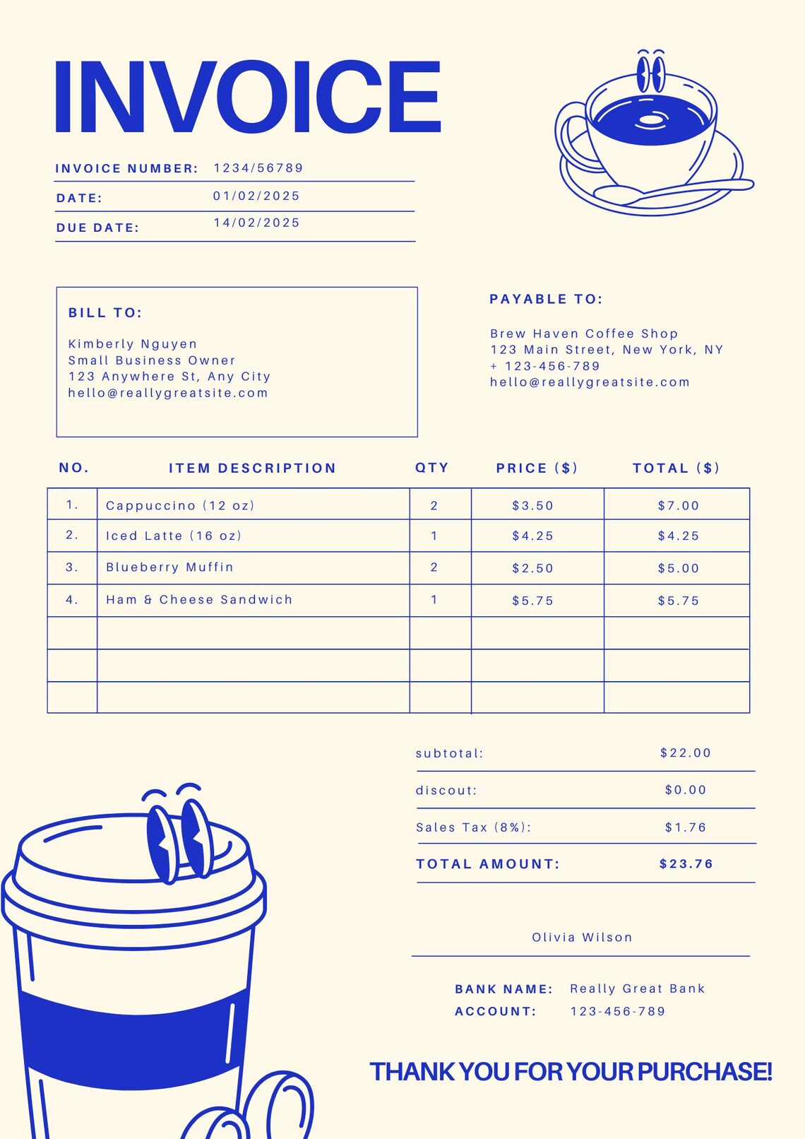 Editable Canva Invoice Template: Cafe & Coffee Shop A4 Form (PDF ...