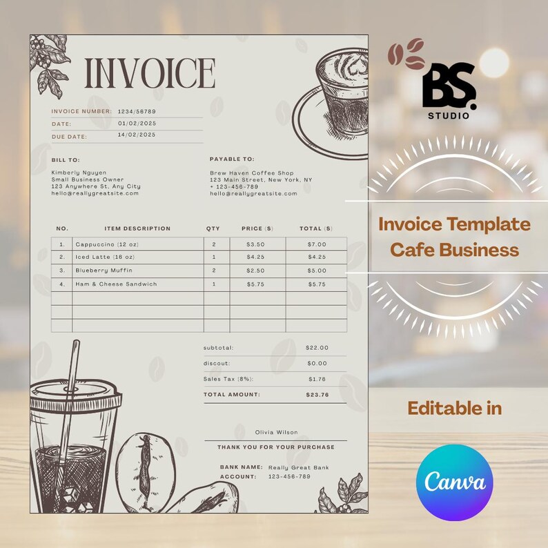 Invoice Template Editable, Digital Canva Template for Cafe & Coffee ...