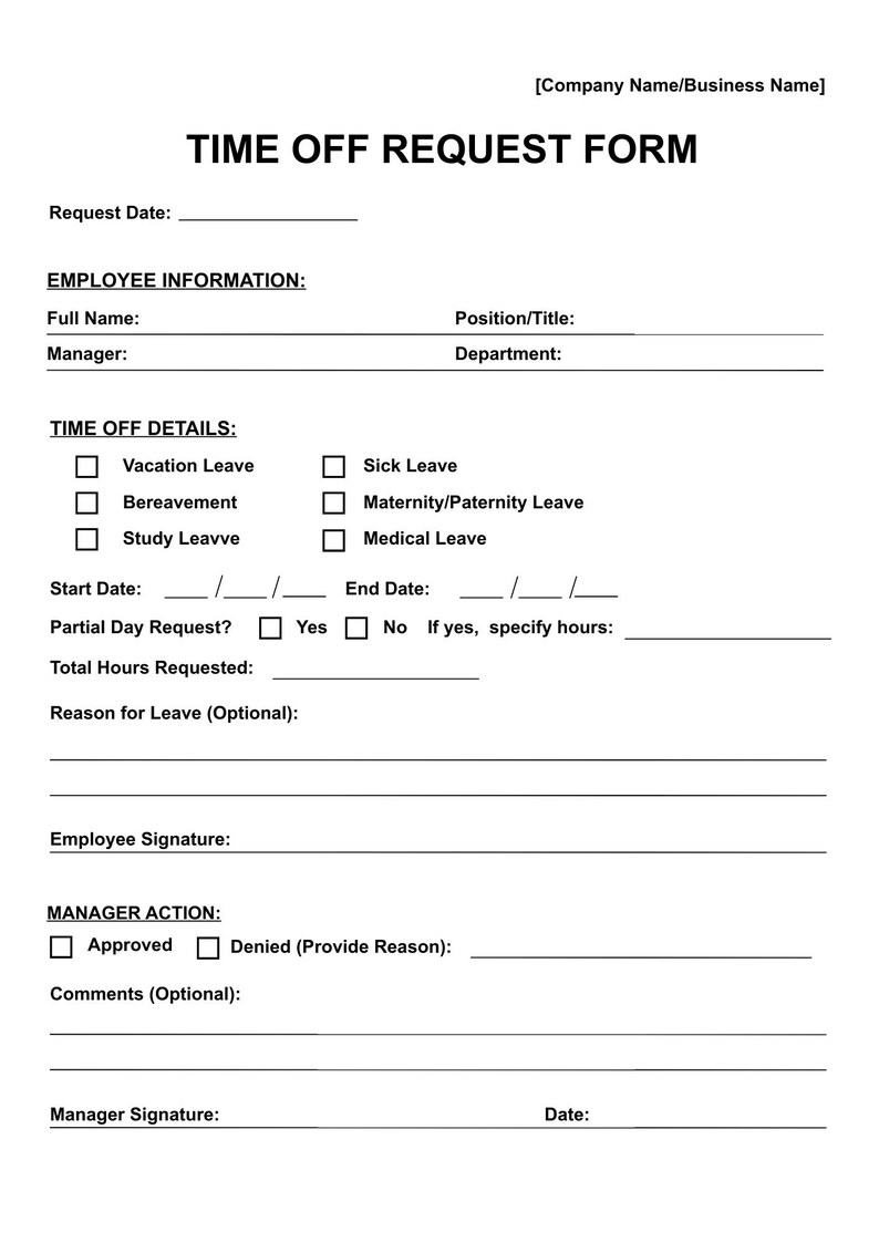 Time off Request Form, Request Time Off, Time off Form, Editable Canva ...