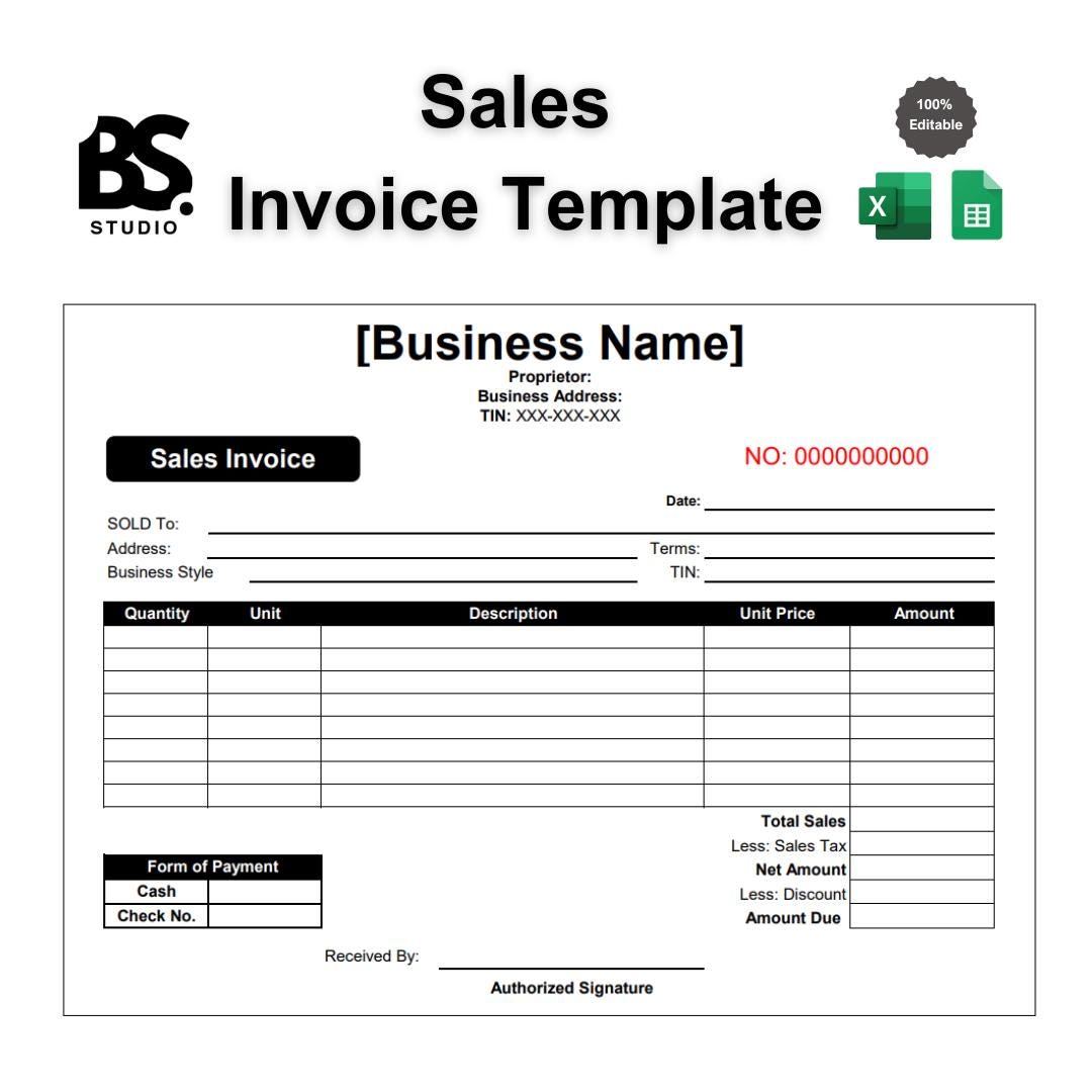 Invoice Template, Sales Invoice, Excel and Google Sheet, A4 and Letter ...
