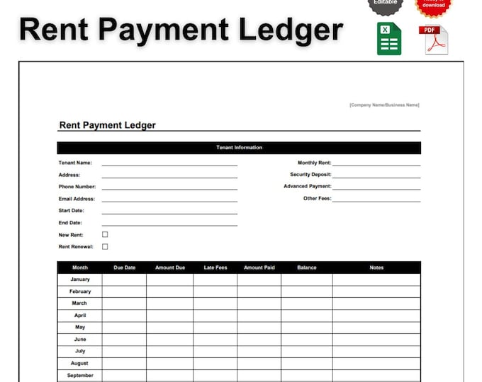 Printable Rent Payment Ledger, Monthly Rent Tracker, Rental Agreement ...