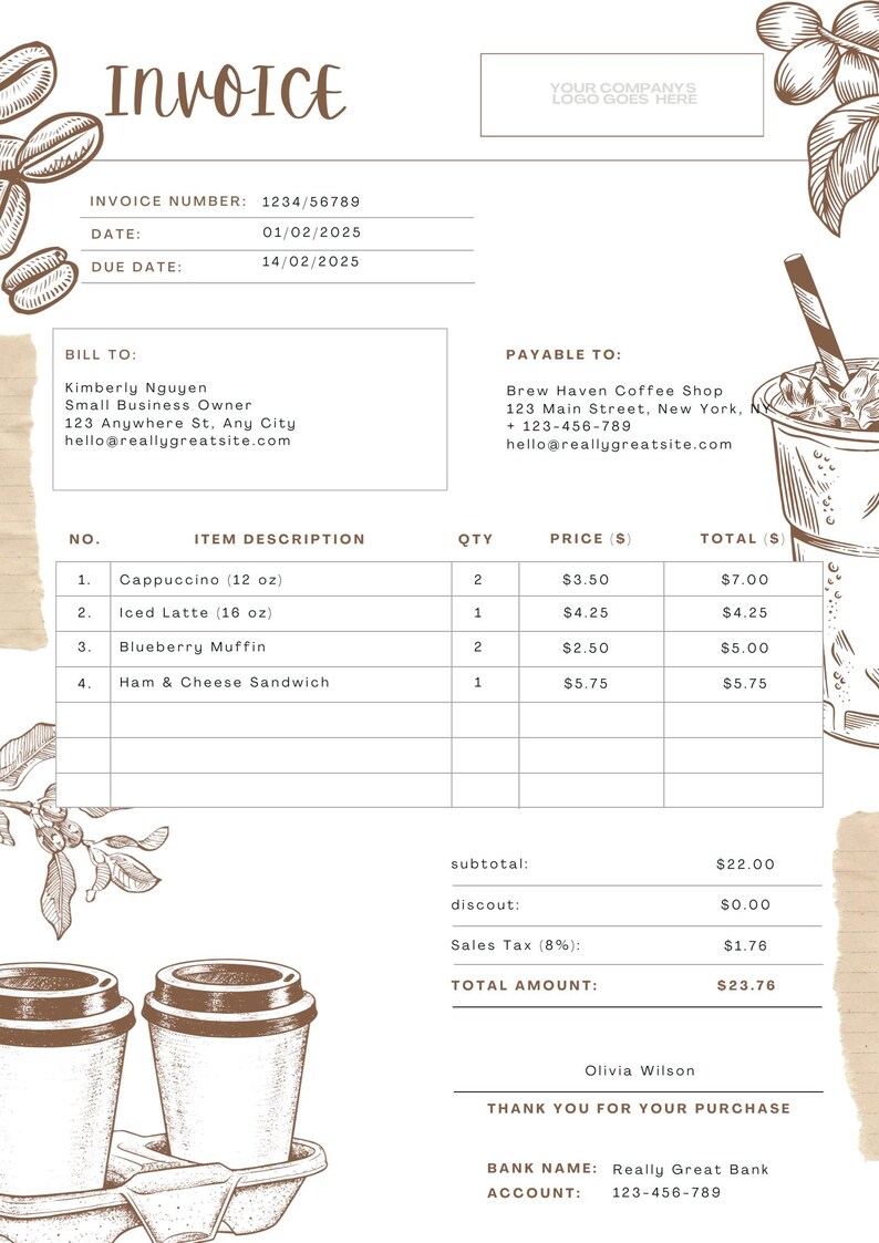 Simple Invoice Template, Editable Canva Invoice, Cafe & Coffee Shop A4 ...
