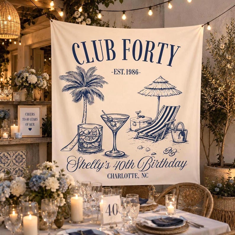 40th Birthday Sign Custom Beach Birthday Banner Coastal Party Decor For