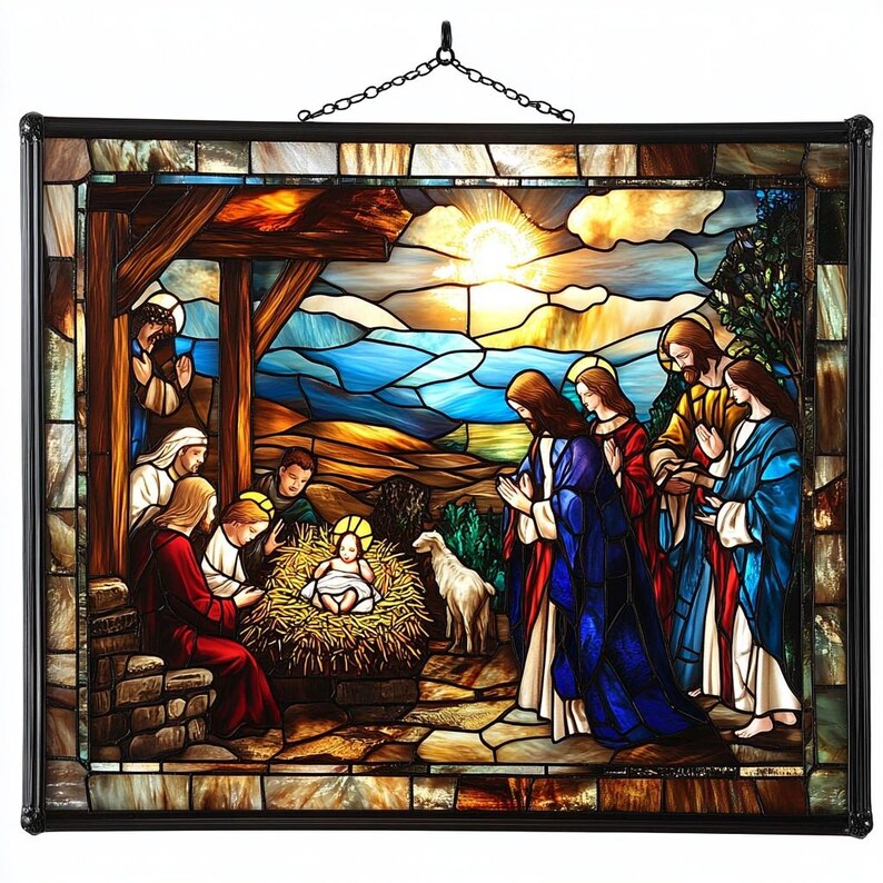 ACRYLIC Nativity Scene Suncatcher, Faux Stained Glass Christmas Manger ...