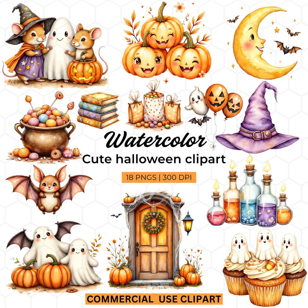 Cute Halloween Watercolor Clipart PNG Bundle | Pastel Graphics | 300 ...