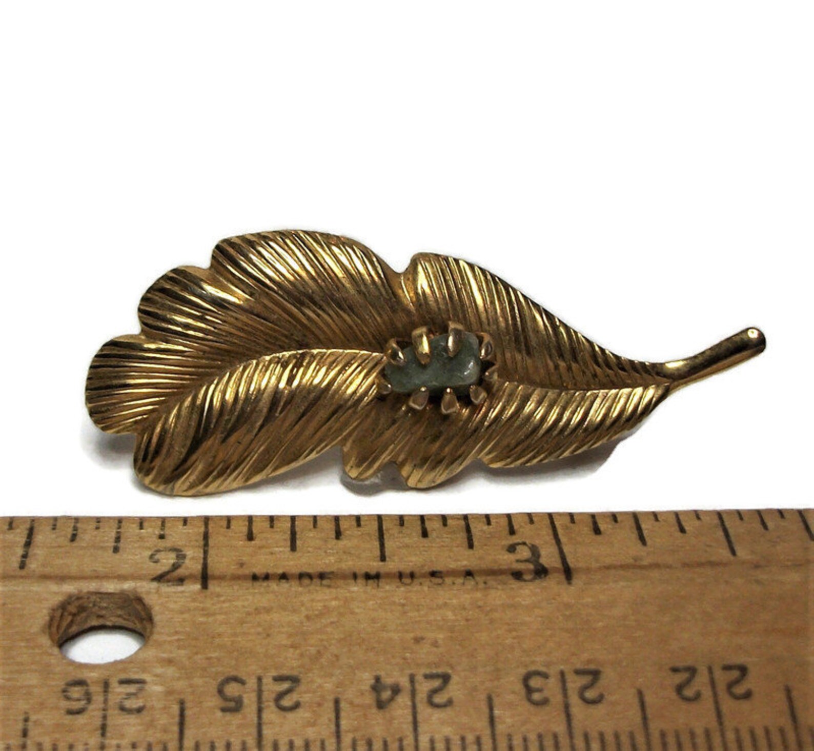 Leaf Pin, Vintage Pin, Jade Leaf Pin, 1940s Jewelry, Goldtone Pin ...