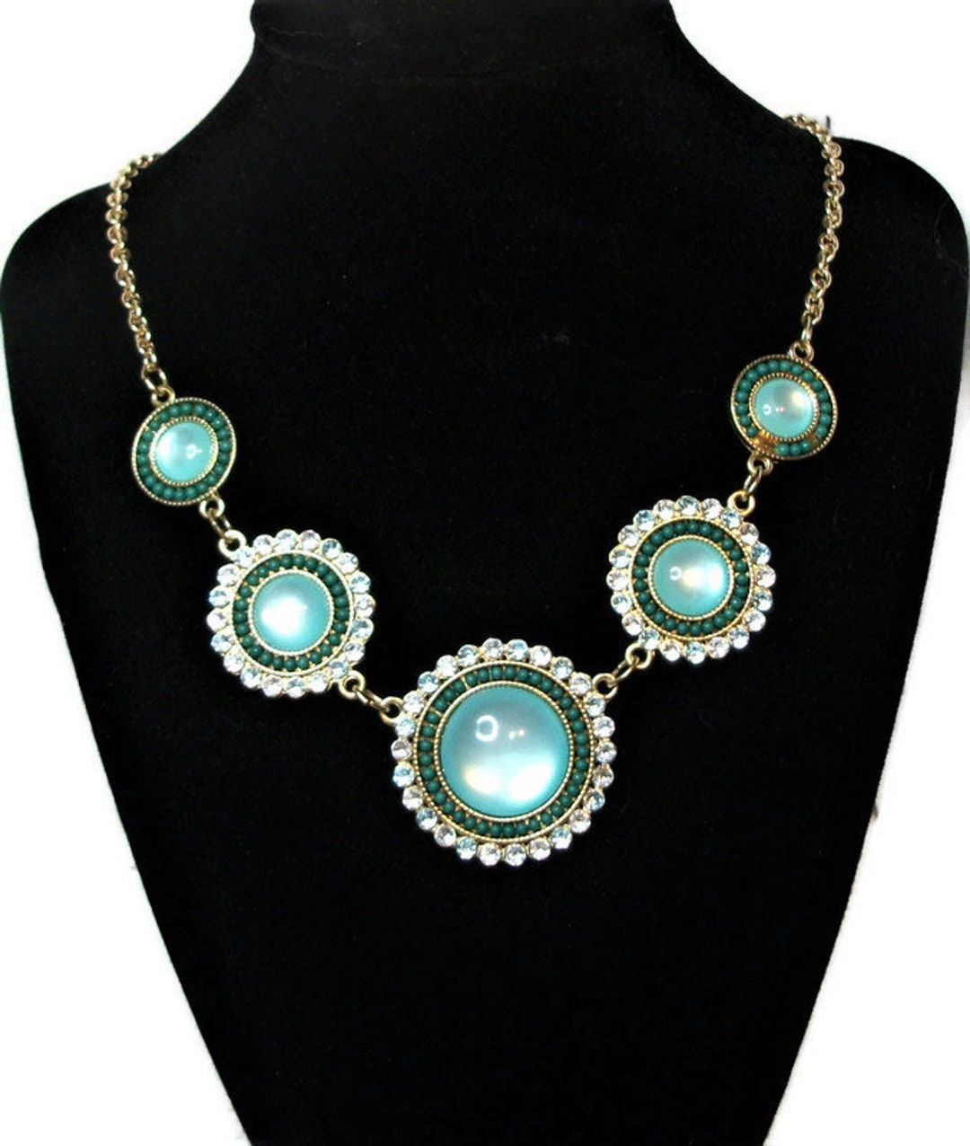 Vintage Necklace, Teal Faux Moonstone, Rhinestone Beaded, Statement ...