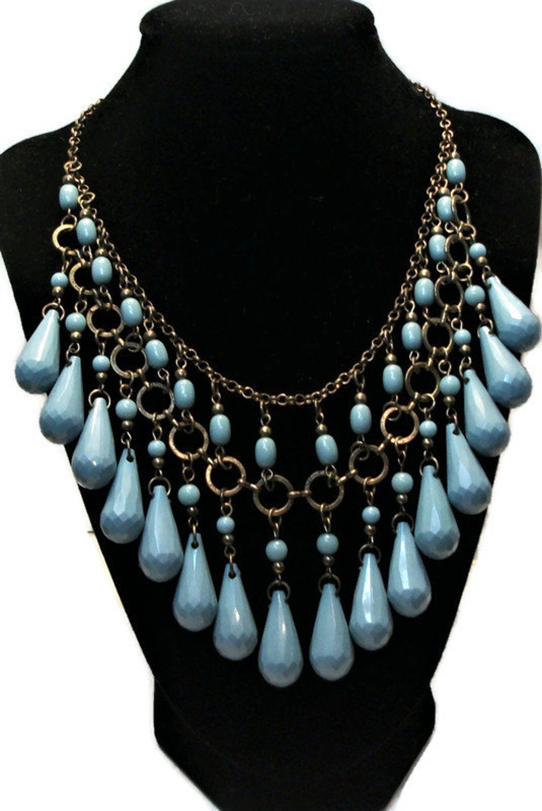 Vintage Bib Necklace Bib Necklace Statement Necklace Bronze Blue