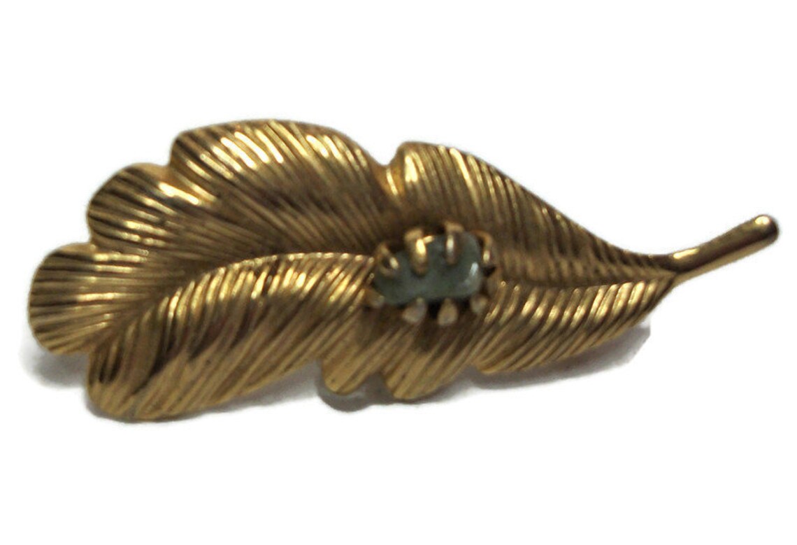 Leaf Pin, Vintage Pin, Jade Leaf Pin, 1940s Jewelry, Goldtone Pin ...
