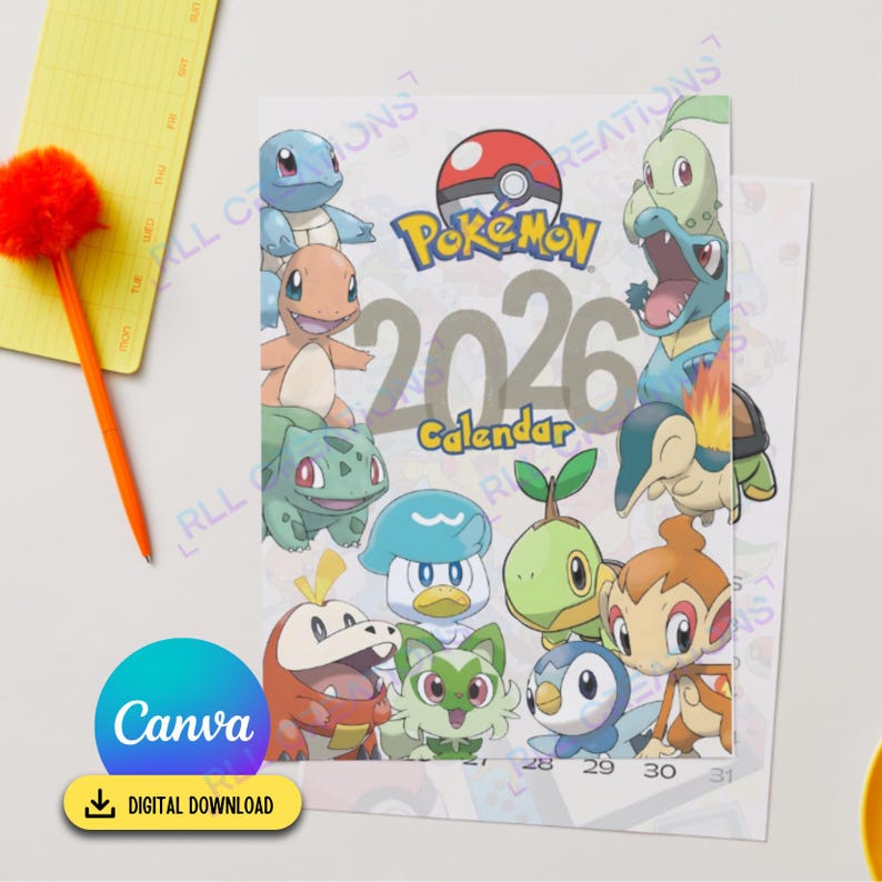 Calendar Starter Pokemon Year 2026. Wall Desk Printable Calendar - Etsy UK
